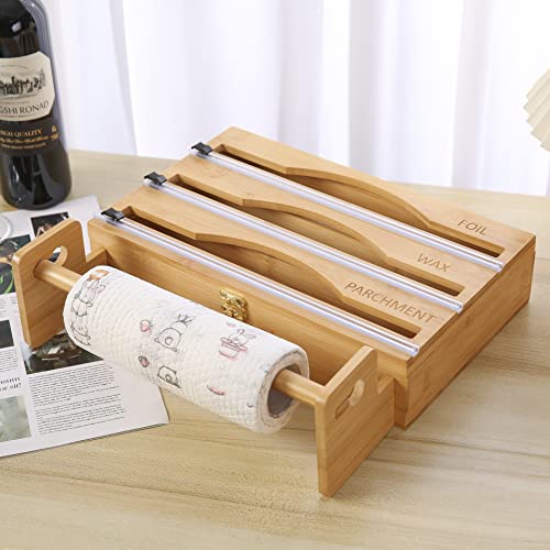 Plastic Wrap Organizer β 4-in-1 Wrap Dispenser with Cutter, Paper Towel Holder for Kitchen Durable Bamboo Foil Dispenser for 12β Plastic Wrap, Aluminum Foil, Wax Paper Kitchen Roll Organizer
