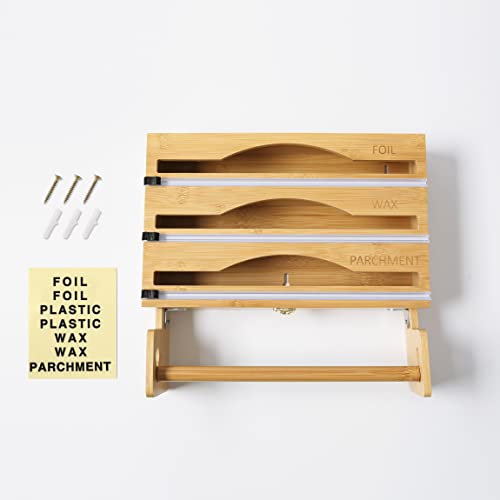 Plastic Wrap Organizer β 4-in-1 Wrap Dispenser with Cutter, Paper Towel Holder for Kitchen Durable Bamboo Foil Dispenser for 12β Plastic Wrap, Aluminum Foil, Wax Paper Kitchen Roll Organizer