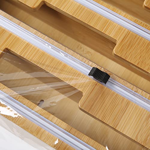Plastic Wrap Organizer β 4-in-1 Wrap Dispenser with Cutter, Paper Towel Holder for Kitchen Durable Bamboo Foil Dispenser for 12β Plastic Wrap, Aluminum Foil, Wax Paper Kitchen Roll Organizer