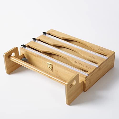 Plastic Wrap Organizer β 4-in-1 Wrap Dispenser with Cutter, Paper Towel Holder for Kitchen Durable Bamboo Foil Dispenser for 12β Plastic Wrap, Aluminum Foil, Wax Paper Kitchen Roll Organizer