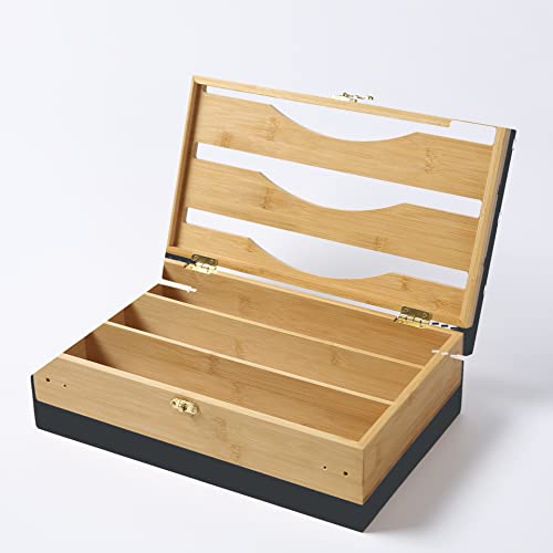 Plastic Wrap Organizer β 4-in-1 Wrap Dispenser with Cutter, Paper Towel Holder for Kitchen Durable Bamboo Foil Dispenser for 12β Plastic Wrap, Aluminum Foil, Wax Paper Kitchen Roll Organizer