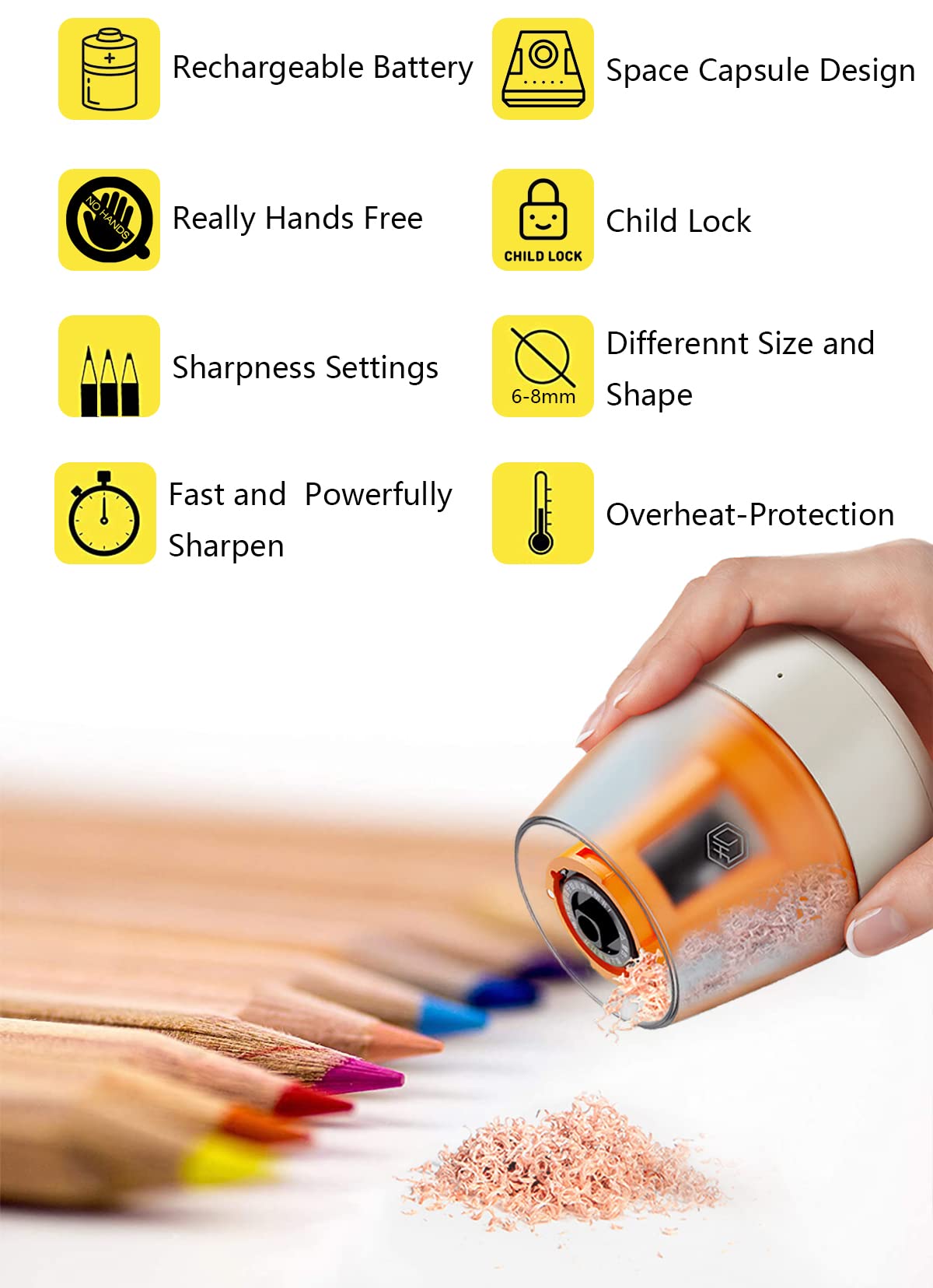 Skynow Rechargeable Pencil Sharpener,Fully Automatic Electric Sharpener for Kids,Teachers,Students,Engineers;Fast Sharpening Dont Need Holding Pencils,Ideal for Short Pencil Save Pencils.