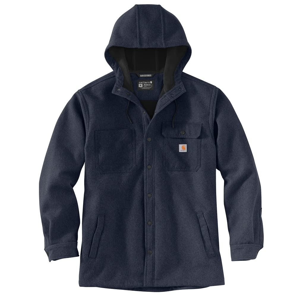 Carhartt Men's Rain Defender Relaxed Fit Heavyweight Hooded Shirt Jacket, Navy, Medium
