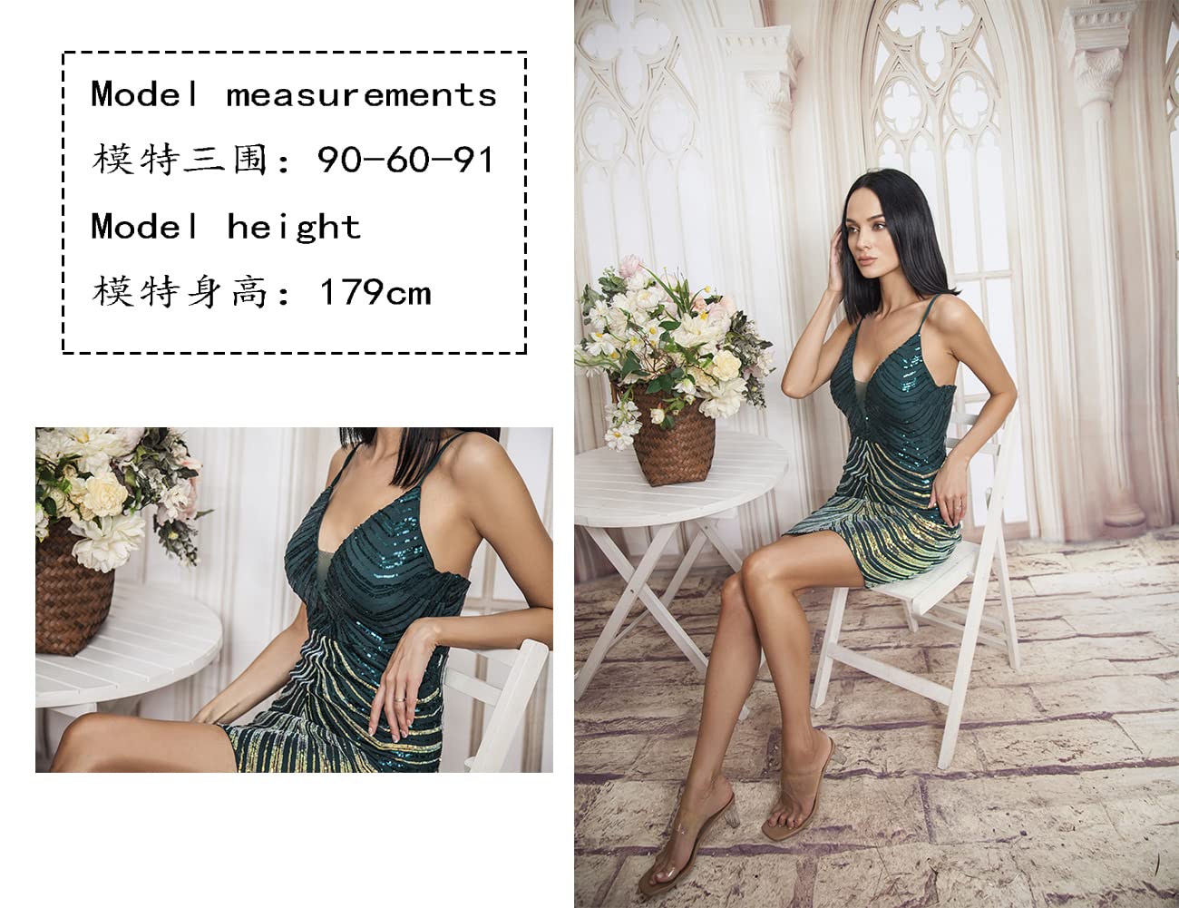 ZRSGXG Women's Sequin V-Neck Evening Dress Suspender Cocktail Mini Evening Dress(Green,X-Large)