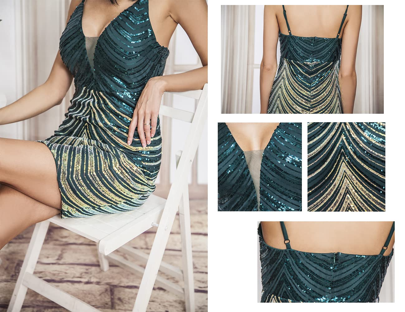 ZRSGXG Women's Sequin V-Neck Evening Dress Suspender Cocktail Mini Evening Dress(Green,X-Large)