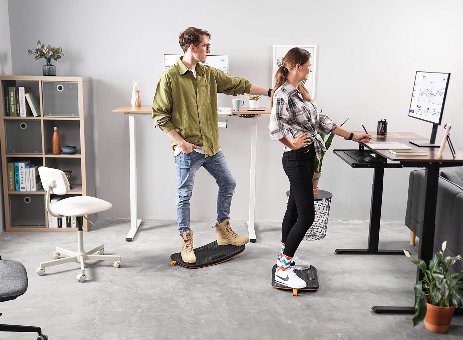 FEZIBO Height Adjustable Electric Standing Desk 48 x 24 inches | Standing Desk Mat with Anti Fatigue Bar, Wooden Wobble Balance Board (Medium, Obsidian Black)