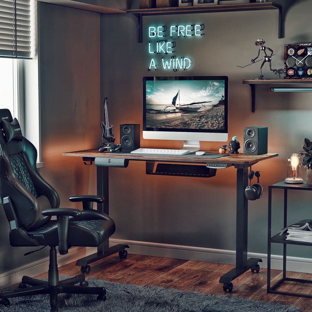 FEZIBO Height Adjustable Electric Standing Desk 48 x 24 inches | Standing Desk Mat with Anti Fatigue Bar, Wooden Wobble Balance Board (Medium, Obsidian Black)