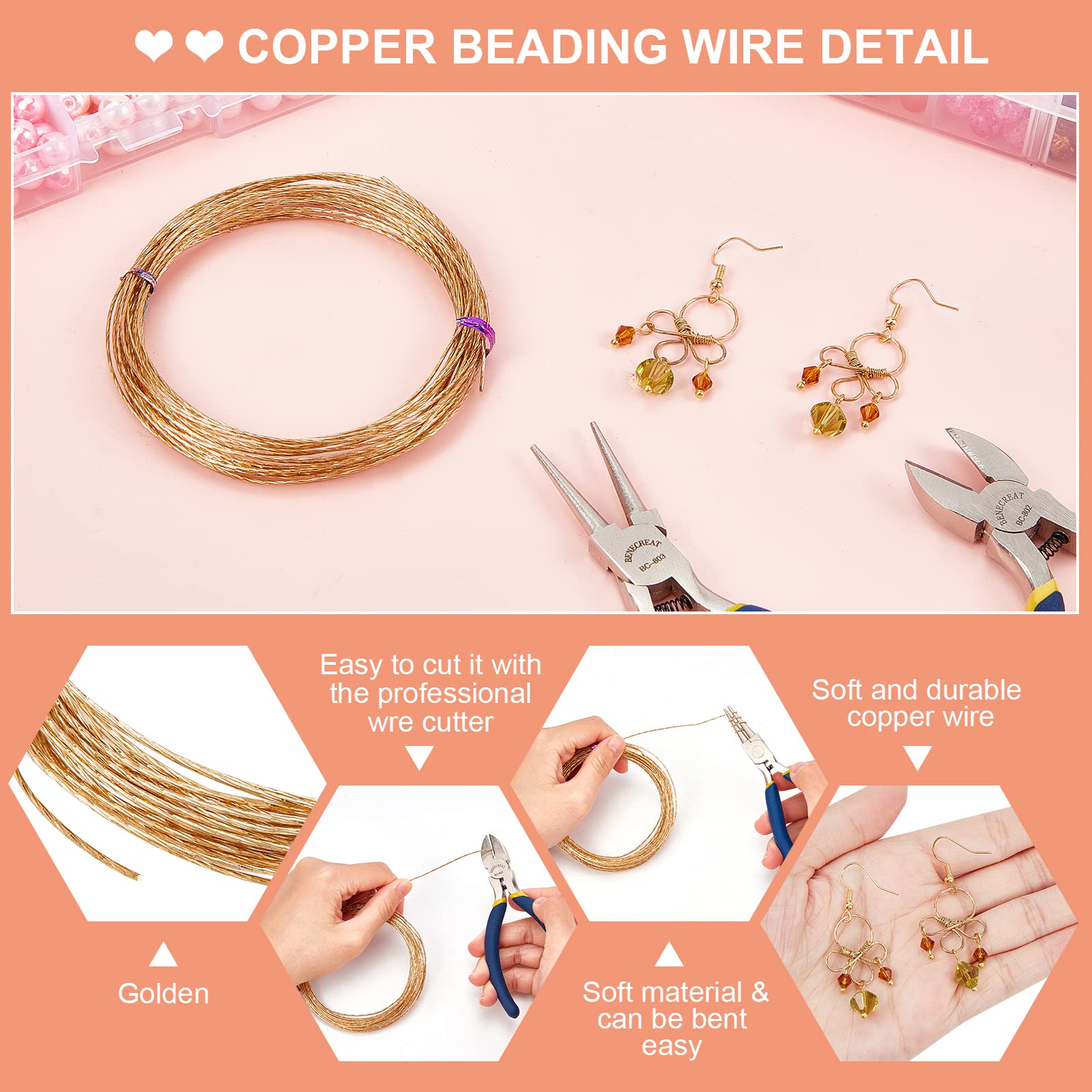 BENECREAT 20Ft Engraved Textured Brass Wire, 20 Gauge Jewelry Craft Copper Wire for Ring Making, Beading Wrapping and Other Jewelry Craft