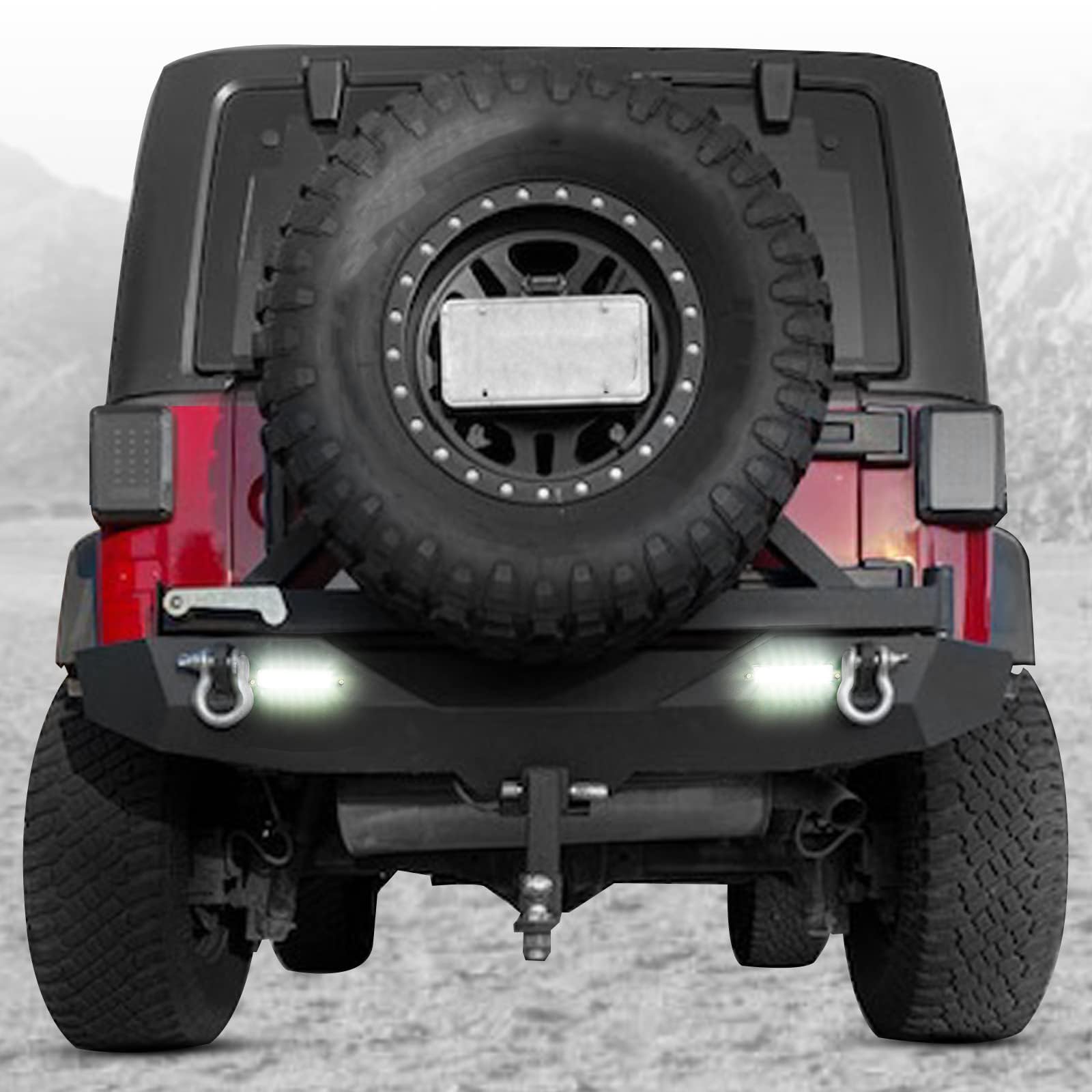 HECASA Rear Bumper Compatible with 2007-2018 Jeep Wrangler JK w/Lockable Tire Carrier w/2" Receiver w/18W High Powered LED Floodlights Steel Textured Black 2 Packages
