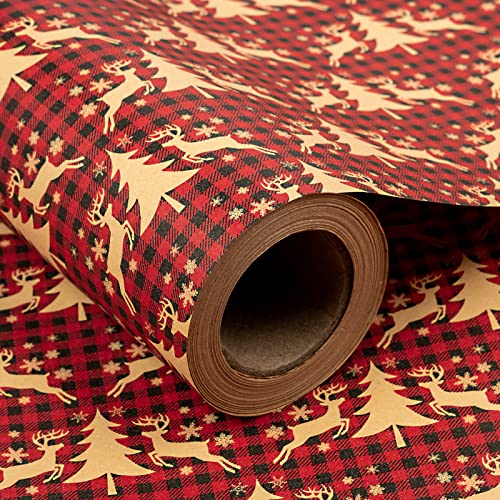 RUSPEPA Christmas Wrapping Paper,Kraft Paper - Red and Black Plaid Reindeer Design - 24 Inches x 100 Feet