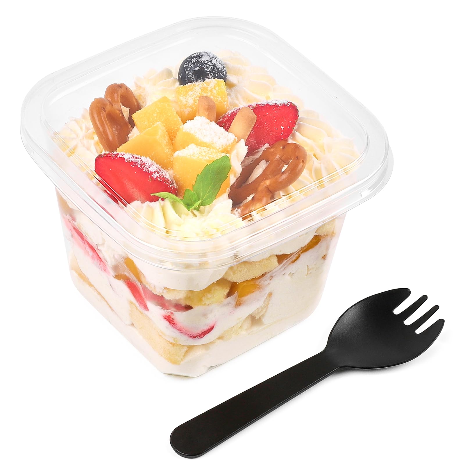 Qeirudu 50 Pack 12 oz Plastic Parfait Cups with Lids and Sporks, Disposable Square Dessert Cups with Lids Cake Containers for Fruits Oatmeal Yogurt Mousse Ice Creams Strawberry Shortcake