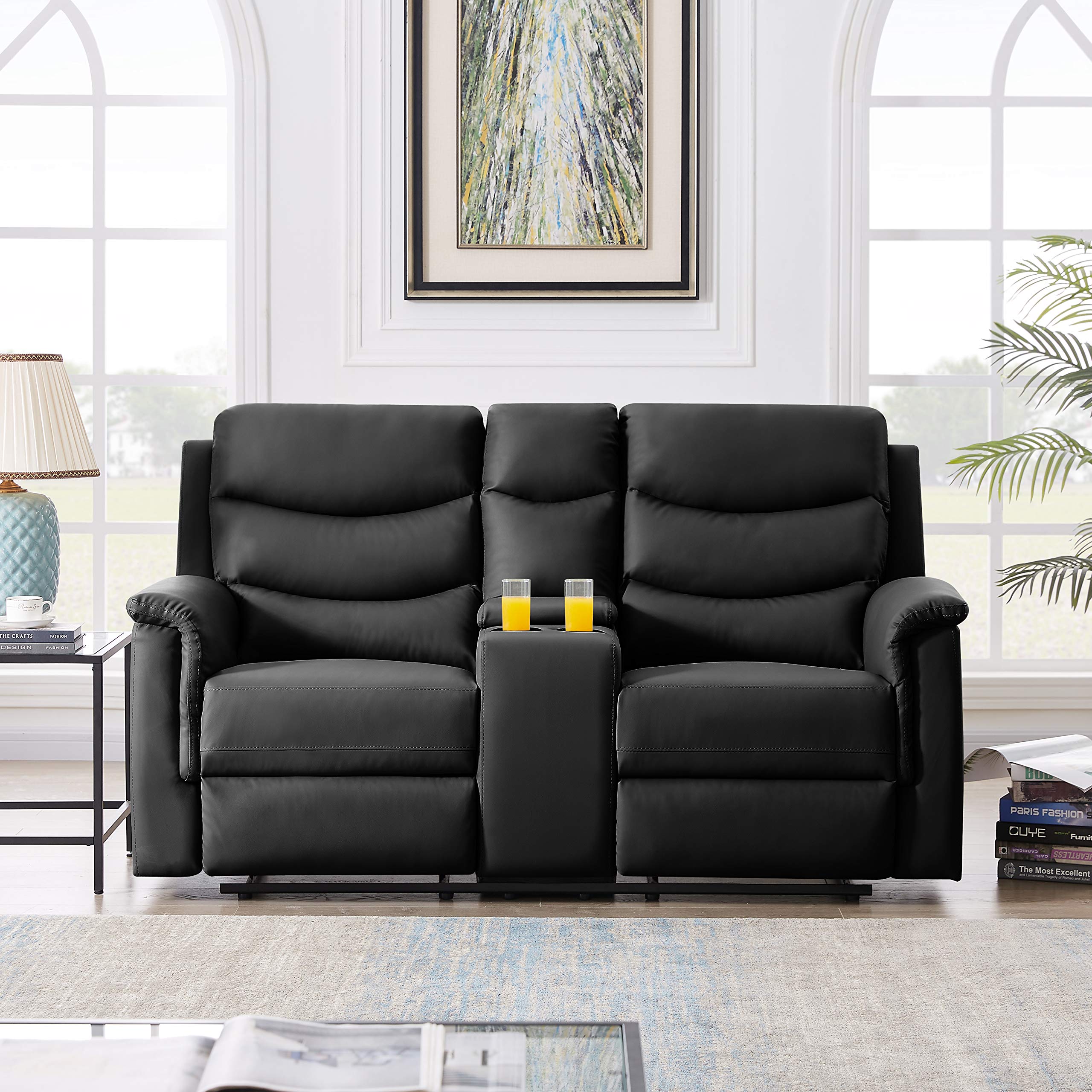 Sofa PU Leather Recliner Loveseat with Console Slate, Cup Holder, Double Recliner 2-Seater for Living Room Theater Seating Rv Furniture, (Black)…