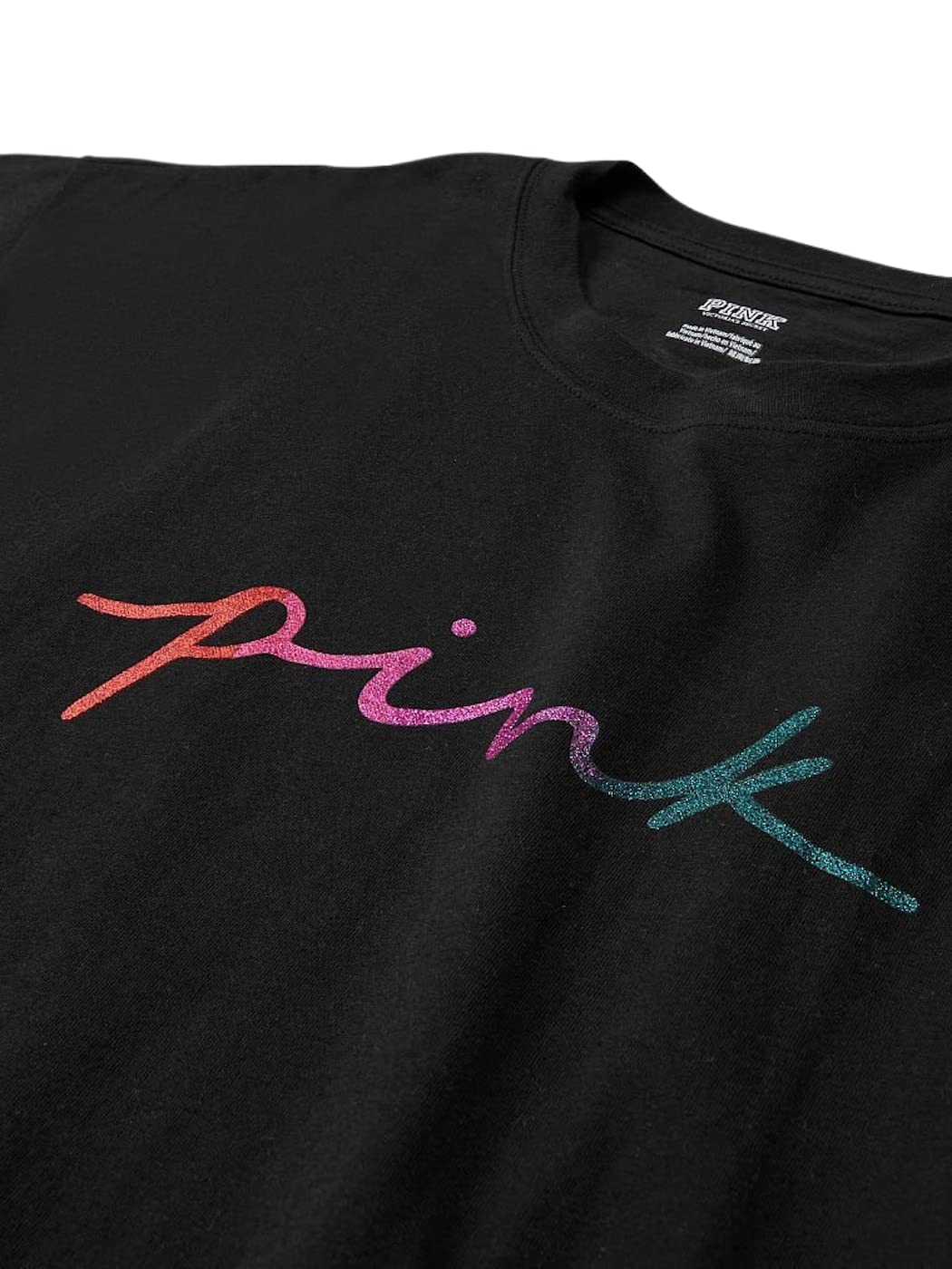 Victoria's Secret Pink Campus Long Sleeve Crew Neck Tee Glitter Shine Size Large Color Black New