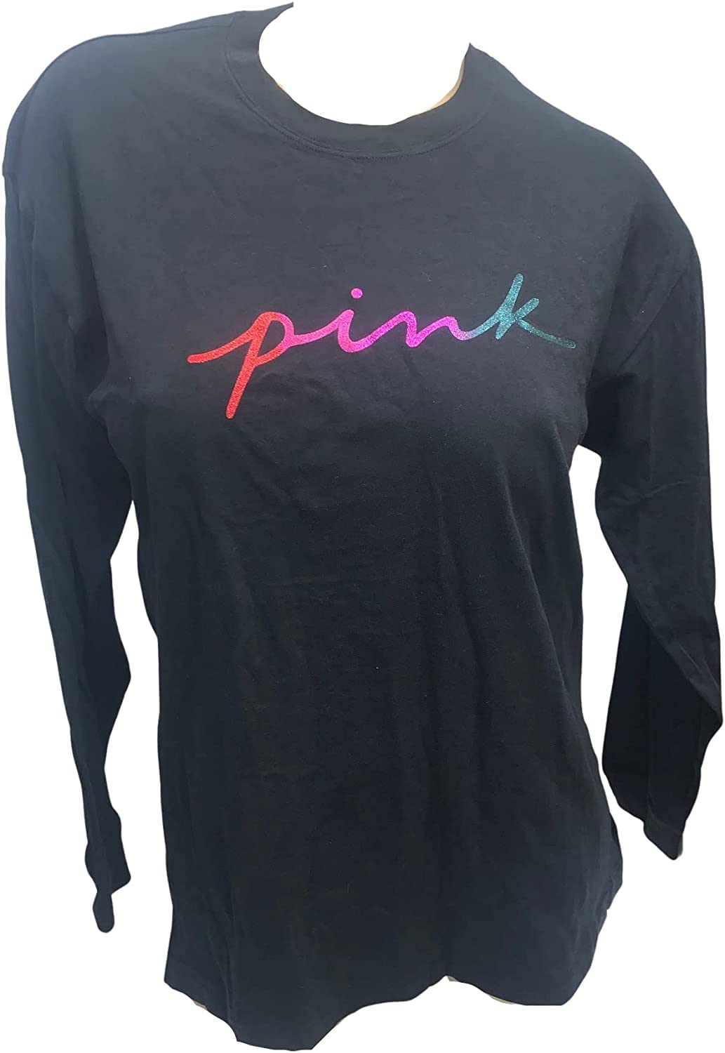 Victoria's Secret Pink Campus Long Sleeve Crew Neck Tee Glitter Shine Size Large Color Black New