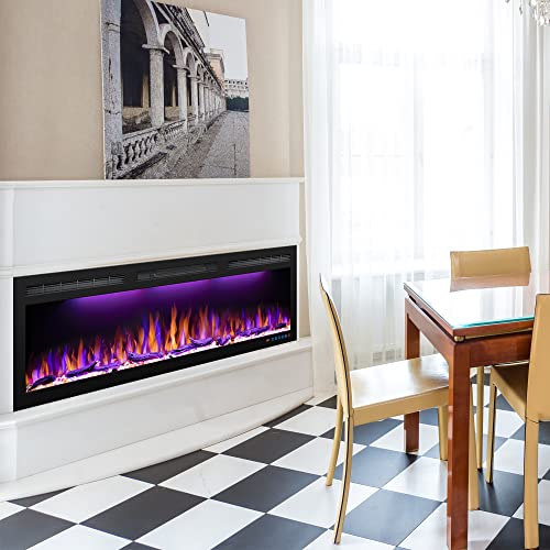Dreamflame 45inch Linear Electric Fireplace, Recessed & Wall Mounted Fireplace Inserts Electric Heater with Ultra Narrow Bezel, Multiple Flame Effect, Ideal Home Decoration, 750W/1500W, Blackk
