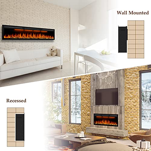 Dreamflame 45inch Linear Electric Fireplace, Recessed & Wall Mounted Fireplace Inserts Electric Heater with Ultra Narrow Bezel, Multiple Flame Effect, Ideal Home Decoration, 750W/1500W, Blackk