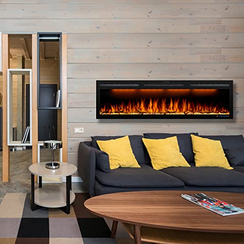 Dreamflame 45inch Linear Electric Fireplace, Recessed & Wall Mounted Fireplace Inserts Electric Heater with Ultra Narrow Bezel, Multiple Flame Effect, Ideal Home Decoration, 750W/1500W, Blackk