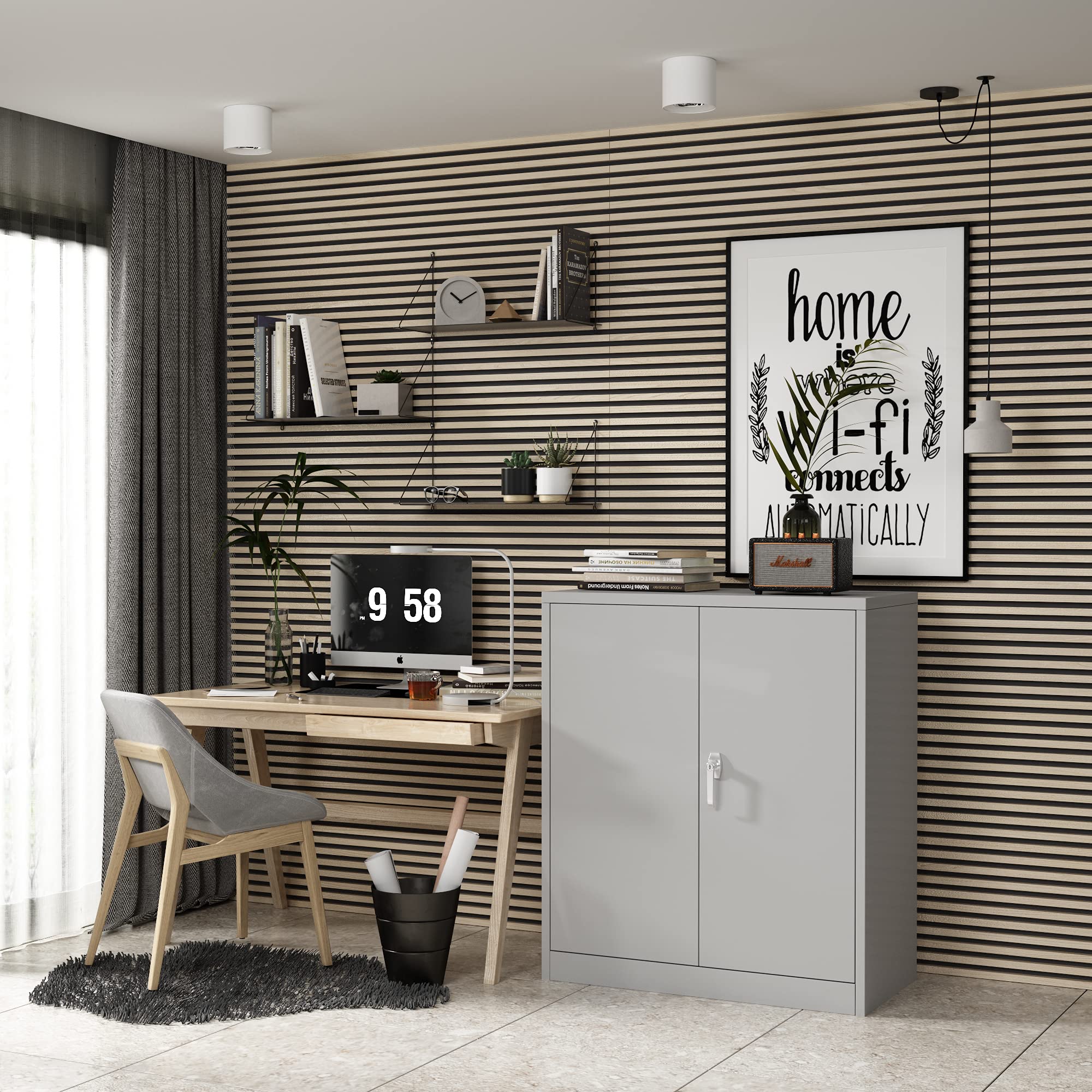 Reemoon Metal Storage Cabinet with Locking Doors and Adjustable Shelves, 41.6" Small Steel Storage Cabinet for Home Office, Grey