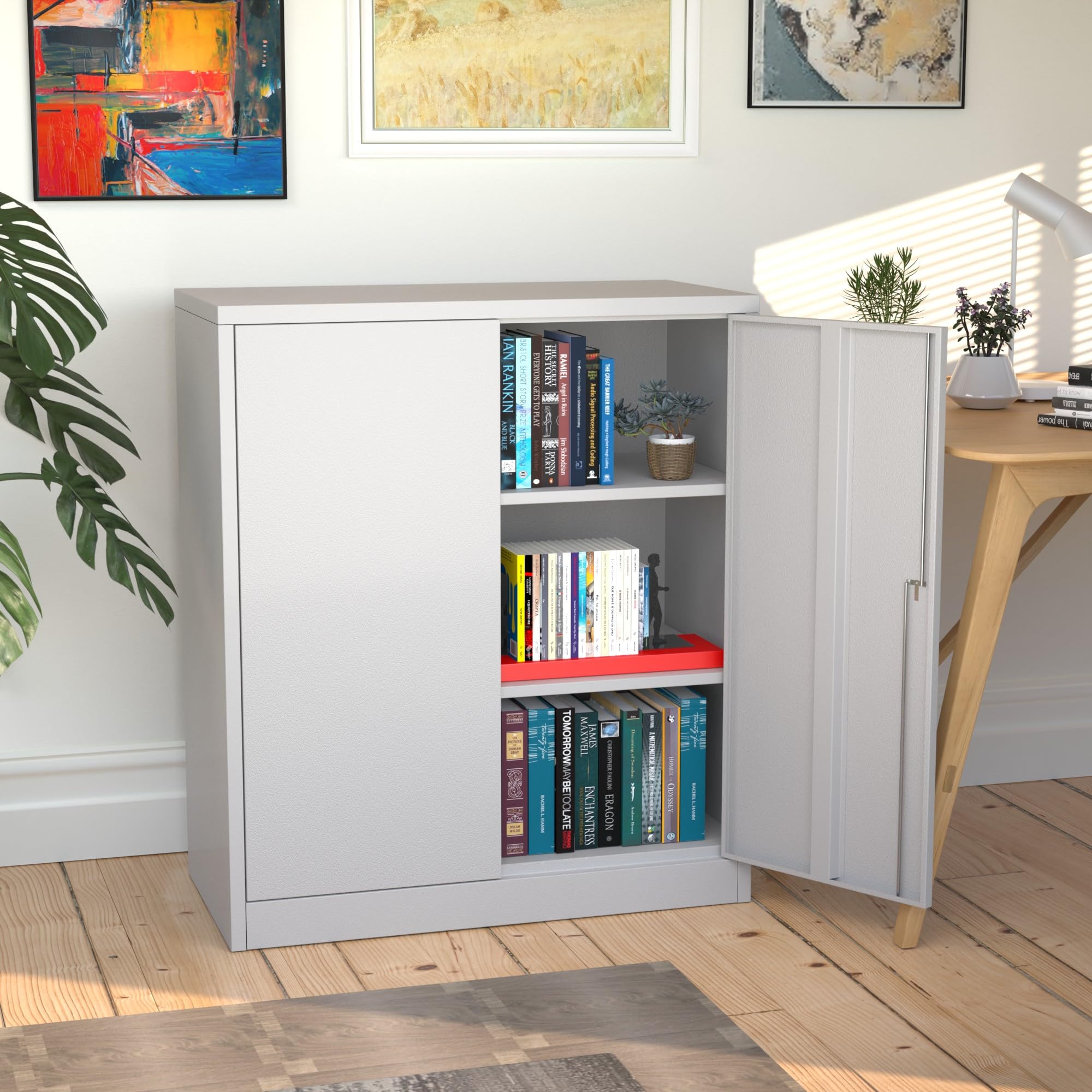 Reemoon Metal Storage Cabinet with Locking Doors and Adjustable Shelves, 41.6" Small Steel Storage Cabinet for Home Office, Grey