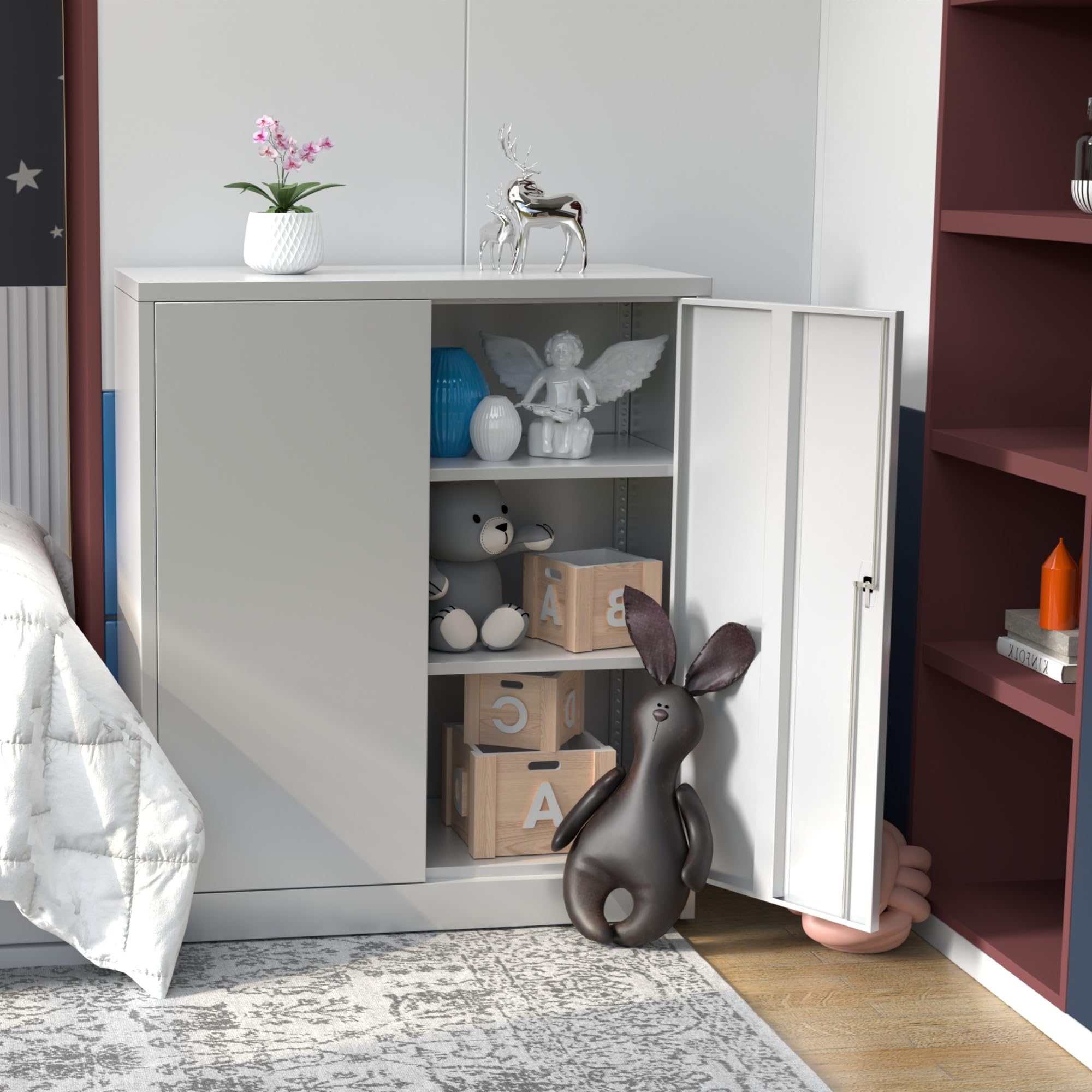 Reemoon Metal Storage Cabinet with Locking Doors and Adjustable Shelves, 41.6" Small Steel Storage Cabinet for Home Office, Grey