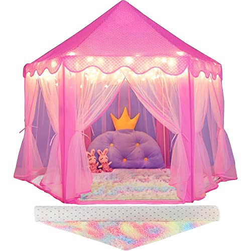 AÖARLO Princess Play Tent with Rainbow Rug and Lights, Odorless Princess Tent for Girls 3-7, Indoor Play Tent Toy House, ASTM Certified Mosquito Prevention, 55'' X 53'' (DxH)