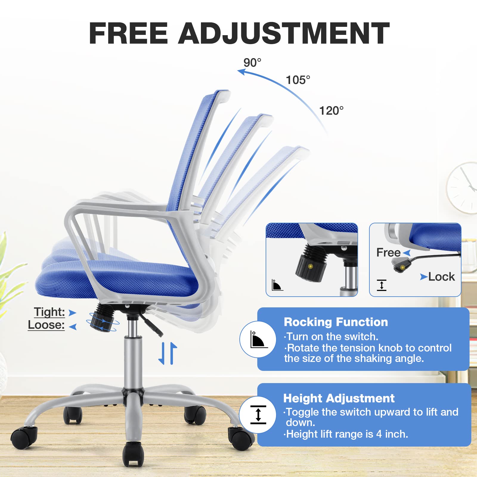 Office Chair - Ergonomic Office Chair Mid Back Office Desk Chair with Wheels Computer Chair with Lumbar Support Home Office Chair with Armrests for Adults, Blue