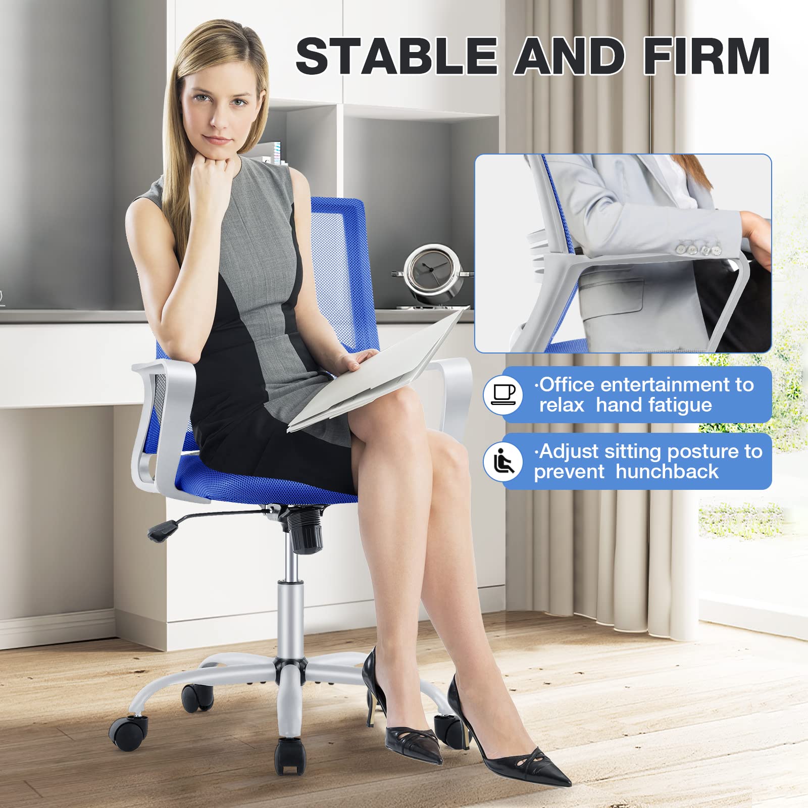 Office Chair - Ergonomic Office Chair Mid Back Office Desk Chair with Wheels Computer Chair with Lumbar Support Home Office Chair with Armrests for Adults, Blue