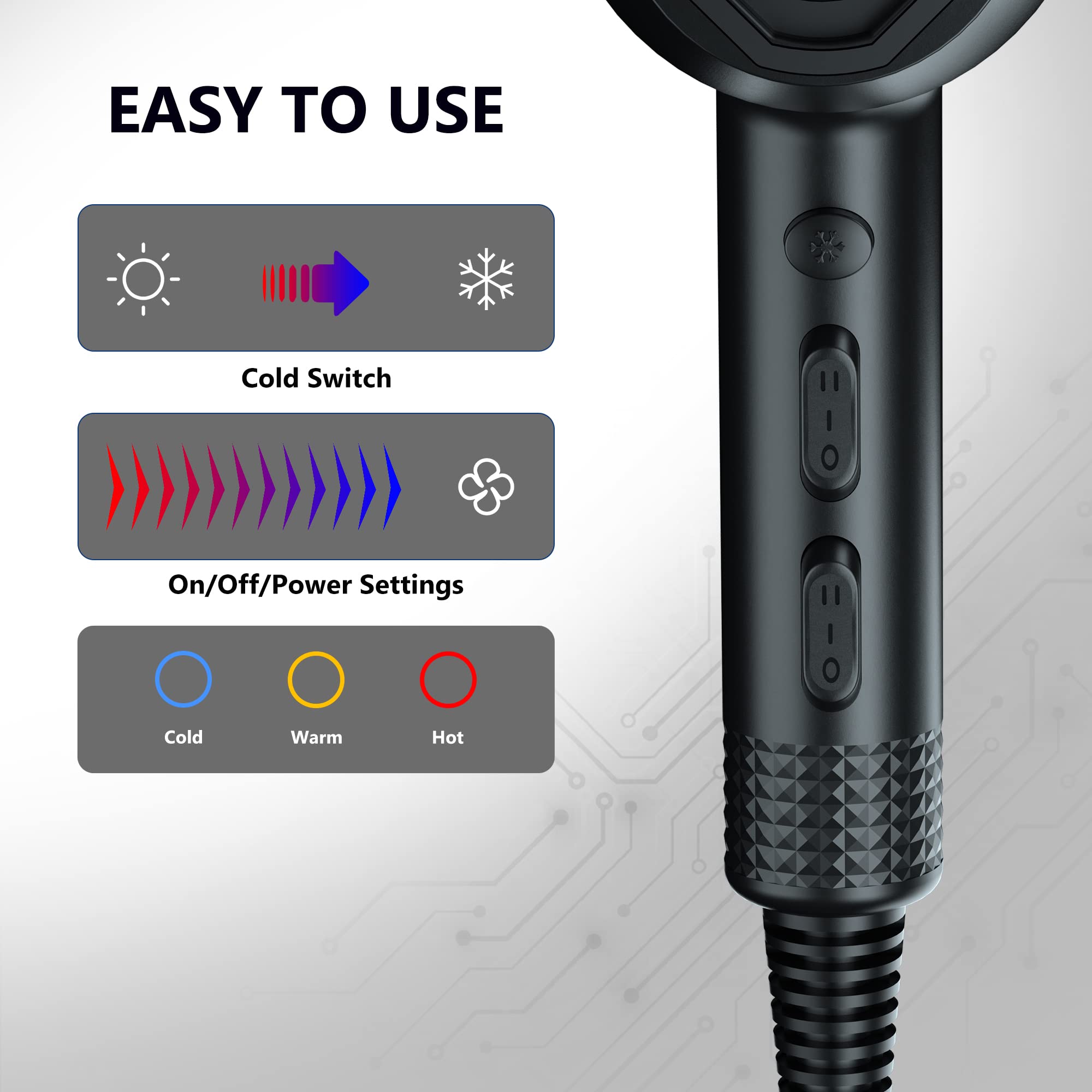 AIRYOMI Hair Dryer, 1875W Blow Dryer with Diffuser, Powerful Fast Dry Ionic Hair Dryer, Portable Hair Dryer, 3 Temps 2 Speed and Cold Settings, Black