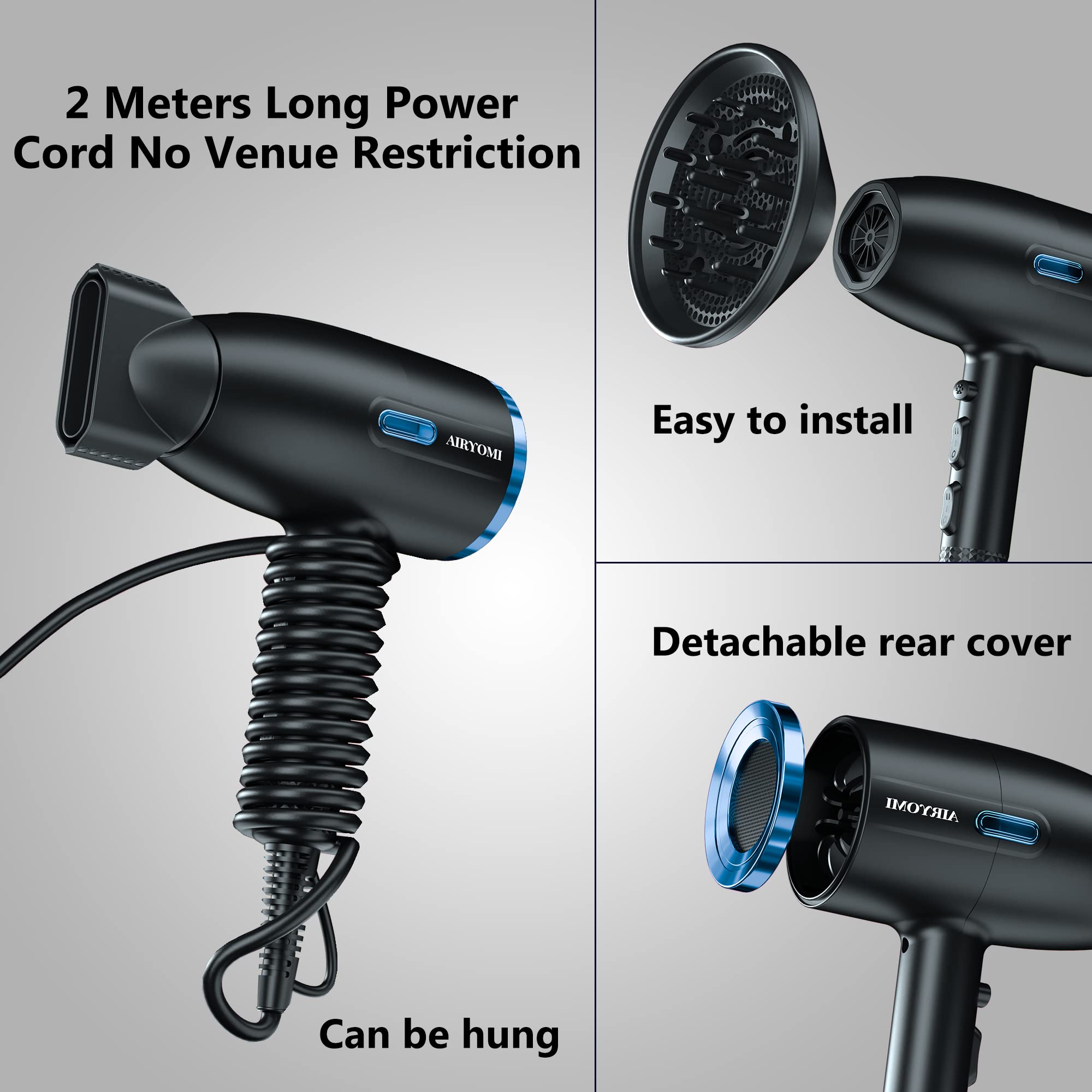 AIRYOMI Hair Dryer, 1875W Blow Dryer with Diffuser, Powerful Fast Dry Ionic Hair Dryer, Portable Hair Dryer, 3 Temps 2 Speed and Cold Settings, Black