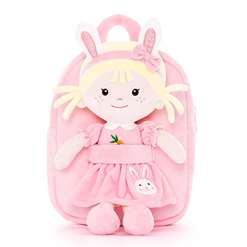 Onetoo Easter Bunny Backpack Toddler Backpack Girl Backpacks Kids Backpacks with Soft Plush Baby Dolls Bunny Pink 9.5"