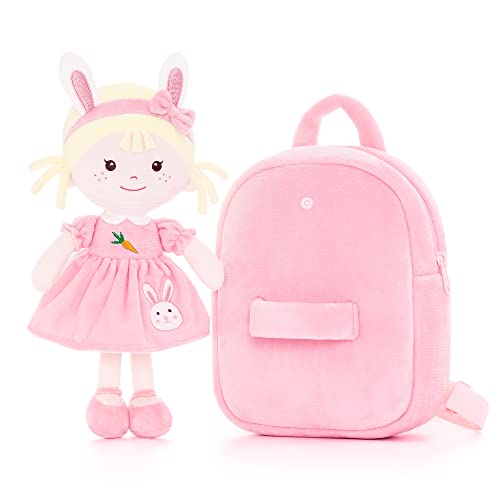 Onetoo Easter Bunny Backpack Toddler Backpack Girl Backpacks Kids Backpacks with Soft Plush Baby Dolls Bunny Pink 9.5"