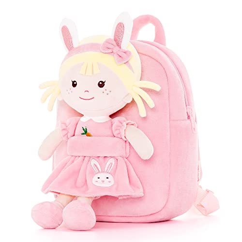 Onetoo Easter Bunny Backpack Toddler Backpack Girl Backpacks Kids Backpacks with Soft Plush Baby Dolls Bunny Pink 9.5"