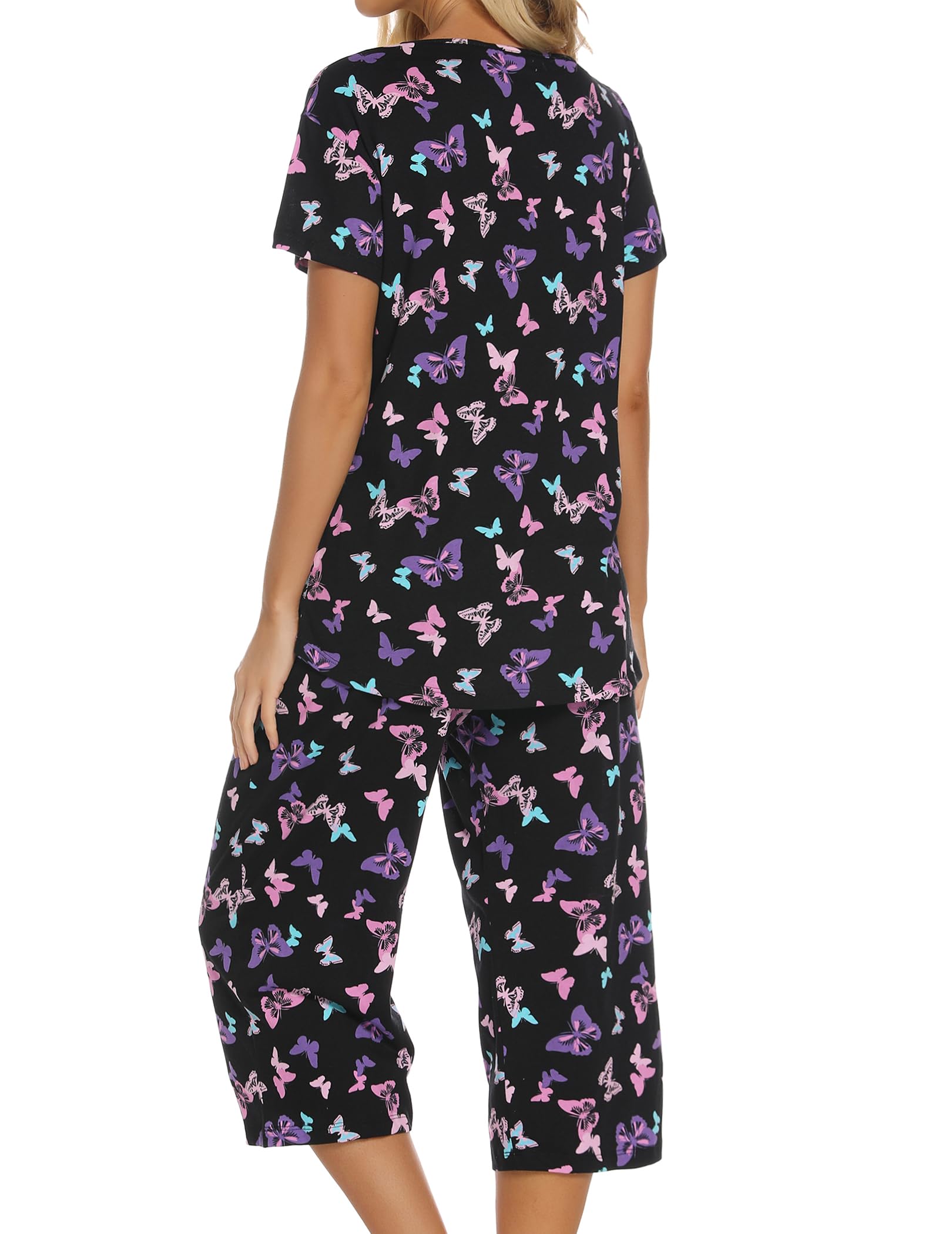 ENJOYNIGHT Women's Pajama Sets Cotton Sleepwear Tops with Capri Pants Summer Pjs (Black Flying, Medium)