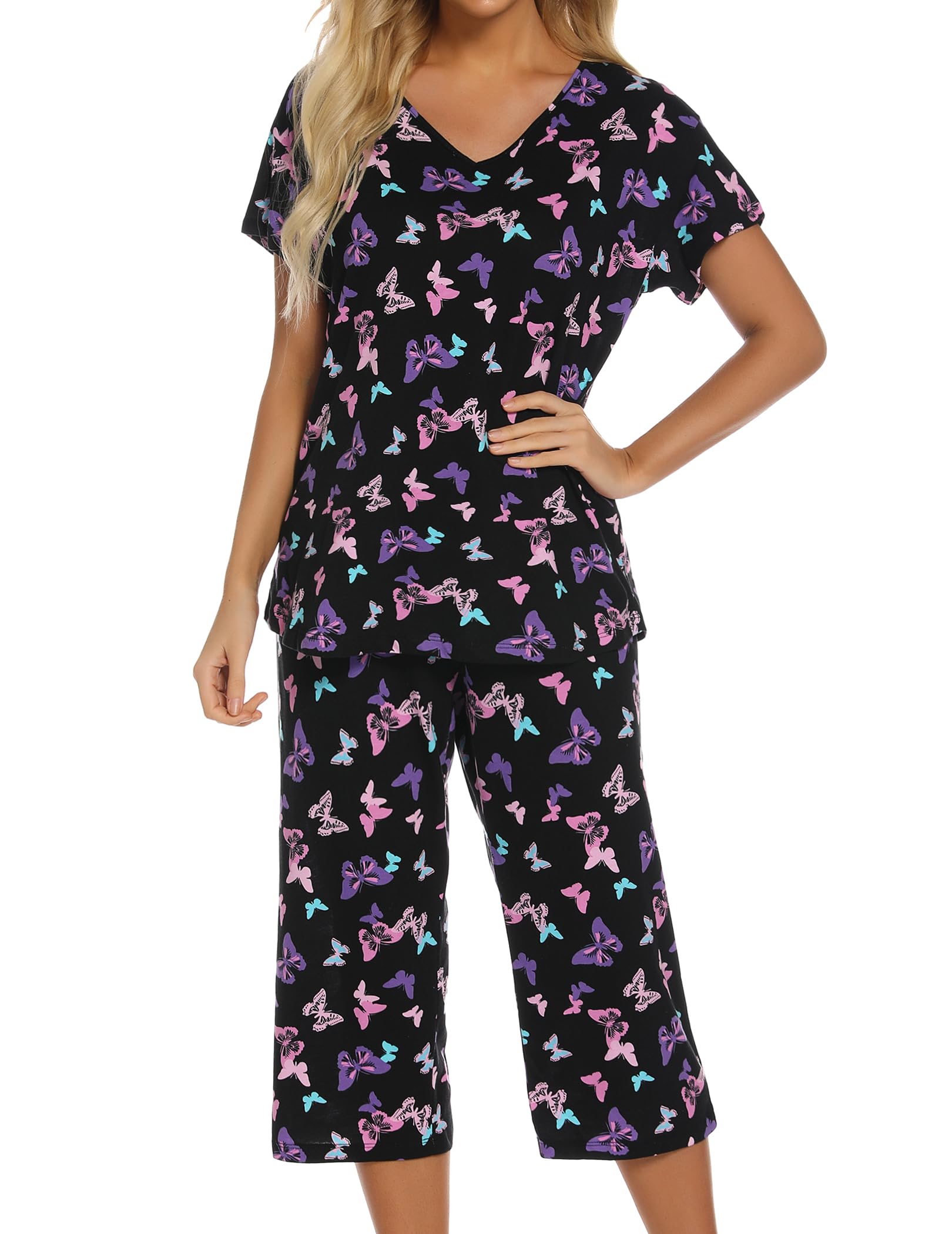 ENJOYNIGHT Women's Pajama Sets Cotton Sleepwear Tops with Capri Pants Summer Pjs (Black Flying, Medium)