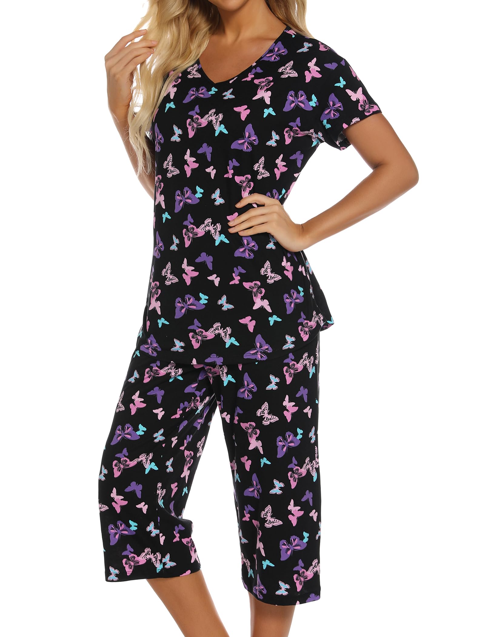 ENJOYNIGHT Women's Pajama Sets Cotton Sleepwear Tops with Capri Pants Summer Pjs (Black Flying, Medium)