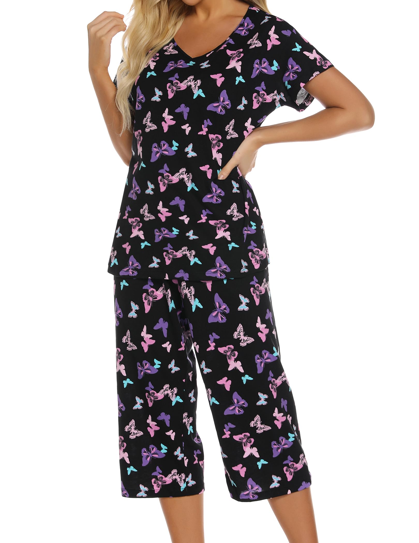 ENJOYNIGHT Women's Pajama Sets Cotton Sleepwear Tops with Capri Pants Summer Pjs (Black Flying, Medium)