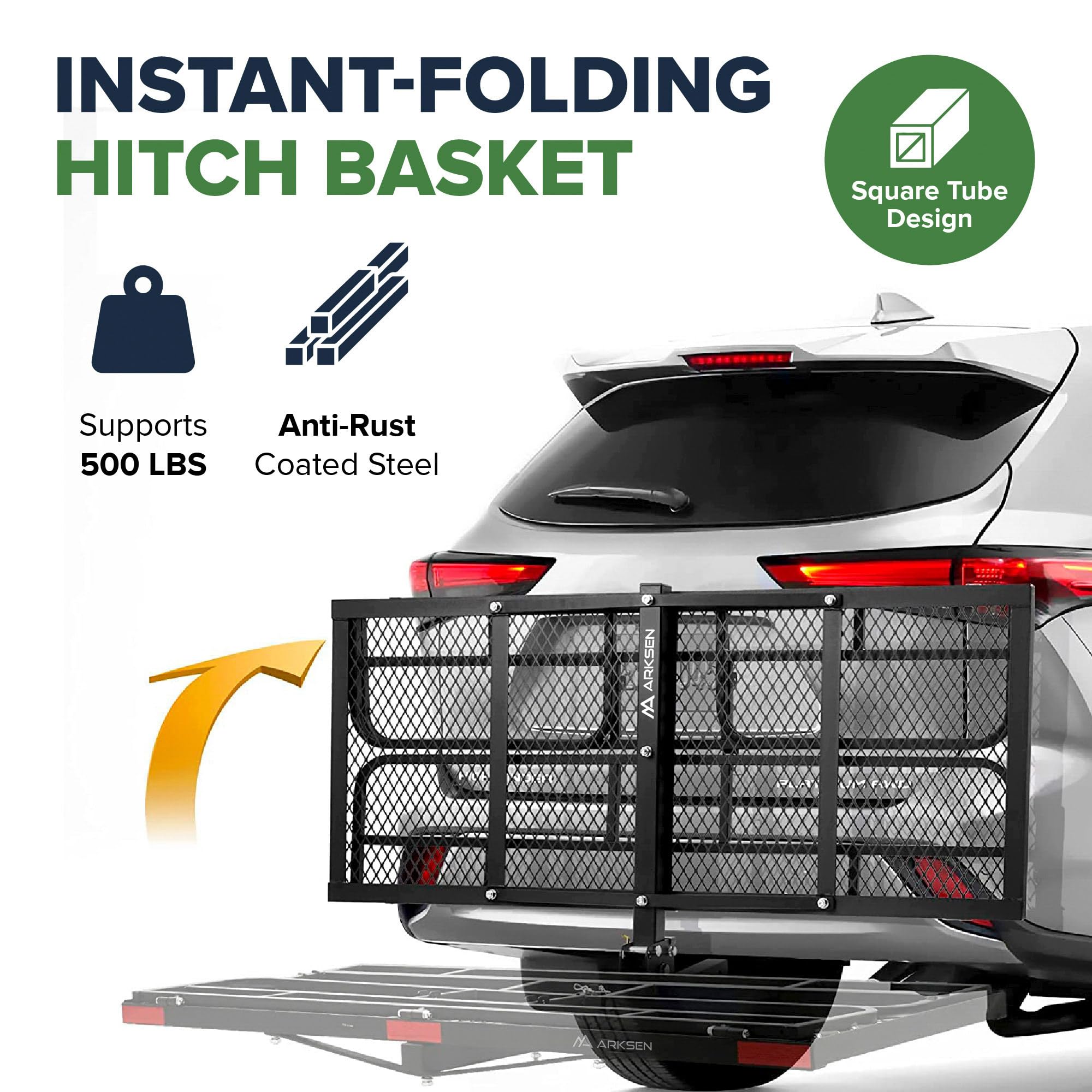 ARKSEN 60 x 24 Inch Folding Cargo Rack Carrier 500 Lbs Heavy Duty Capacity 2 Inch Receiver Luggage Basket Hitch Fold Up for SUV Pickup Camping Traveling Black