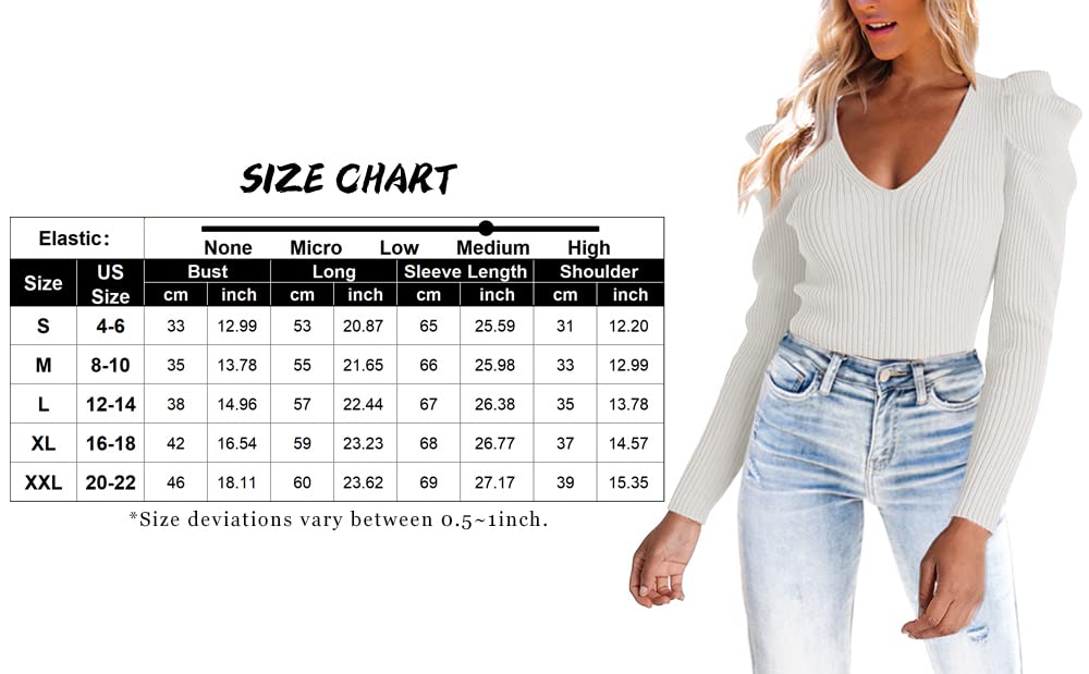 Amarmia Women's Long Puff Sleeve Knit Pullover Sweaters Casual V Neck Ribbed Solid Soft Slim Fit Sweater Blouse Tops Khaki