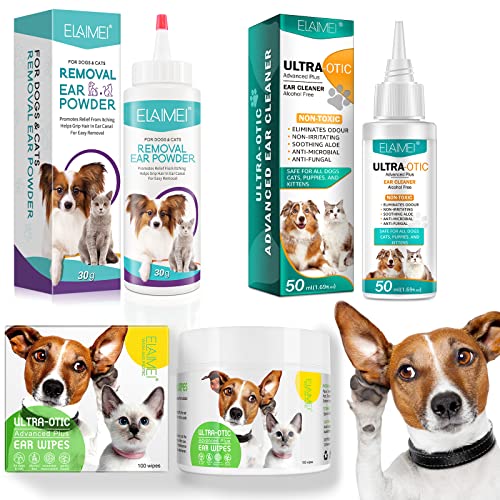 ZIXAOK Dog Removal Ear Hair Powder + Dog Ear Cleaner Liquid + Dog Ear Cleaner Wipes, Alcohol Free, Dog Ear Infection Treatment, Inflammation & Itchiness, Cleans & Deodorizes, Three-Piece Set