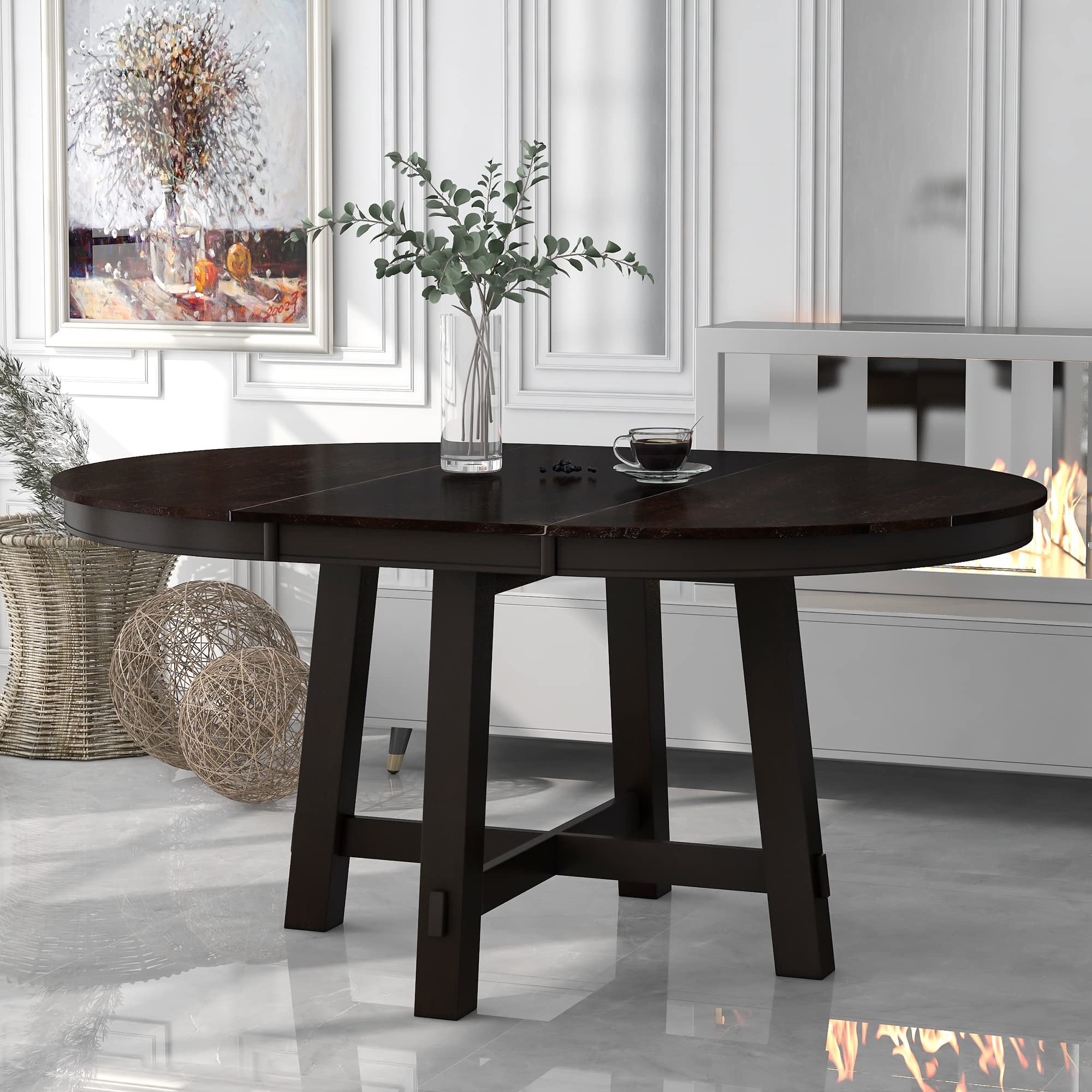 Knocbel Farmhouse Extendable Round Dining Table, Kitchen Dining Room Table with X-Shaped Base, 300lbs Weight Capacity, Standard Height, Espresso Table