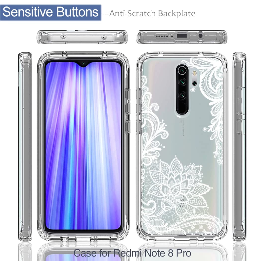 Tothedu Phone Case for Redmi Note 8 Pro M1906G7I Case with Tempered-Glass Screen Protector, Cute Clear Mandala Pattern Full Body Protective Cover Cases for Xiaomi Redmi Note 8 Pro (Mandala)
