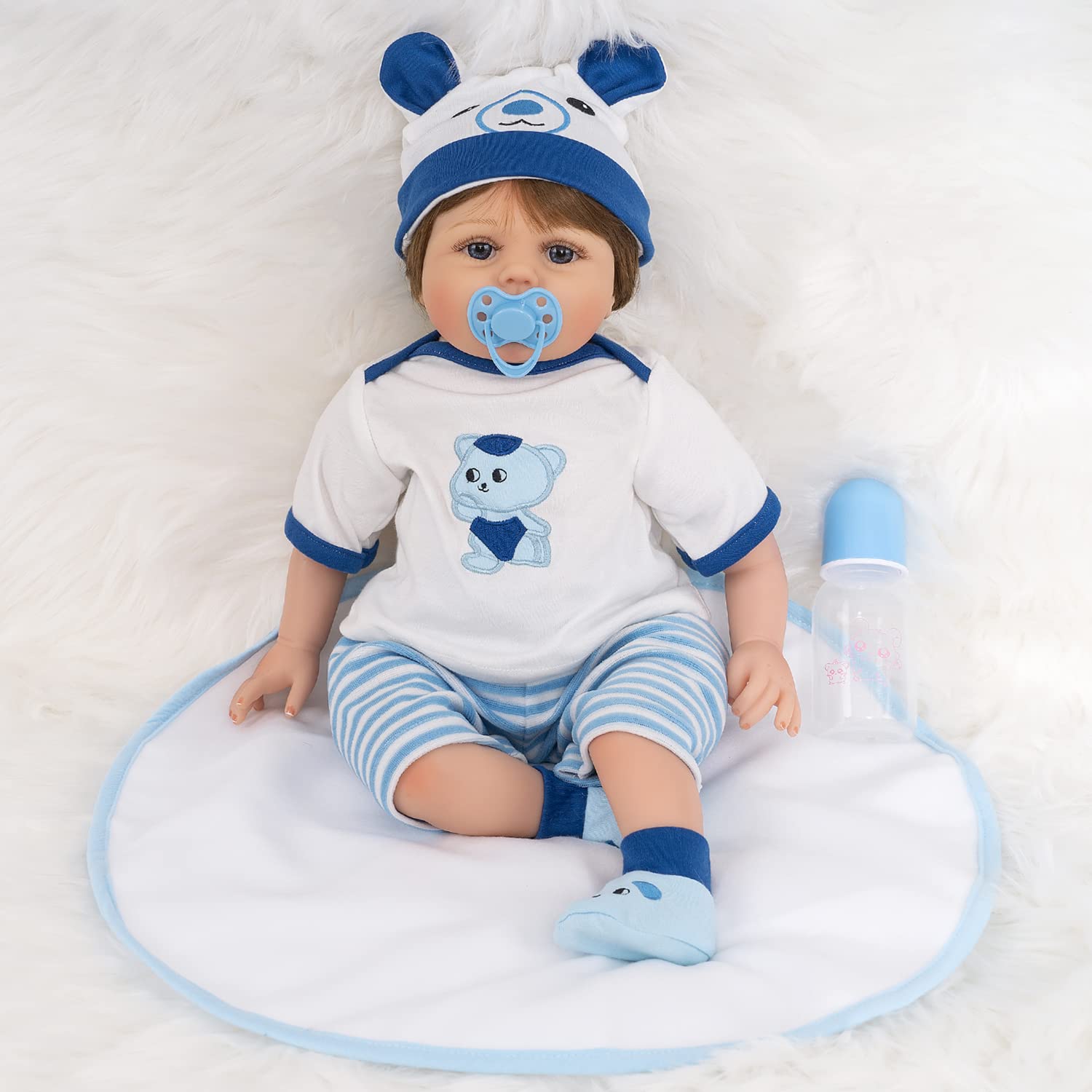 ENADOLL Reborn Baby Doll Realistic Silicone Vinyl Newborn Baby Boy 24 inch Weighted Cotton Body Lifelike Doll Gift Set for Ages 3+(Blue Bear)