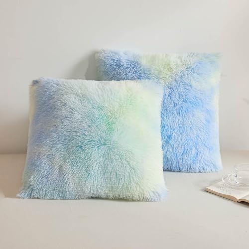 XeGe Rainbow Faux Fur Throw Pillow Covers, Tie Dye Multicolor Shaggy Decorative Pillow Cushion Cover, Luxury Fluffy Plush Pillow Cases for Sofa Bed Zipper Closure, Pack of 2(18''x18'', Rainbow Blue)