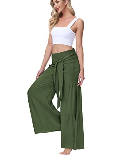 Atoindemiy Women's Boho Elastic High Waisted Ruffle Hem Wide Leg Loose Yoga Palazzo Pants with Belt (XL, SLJH004)