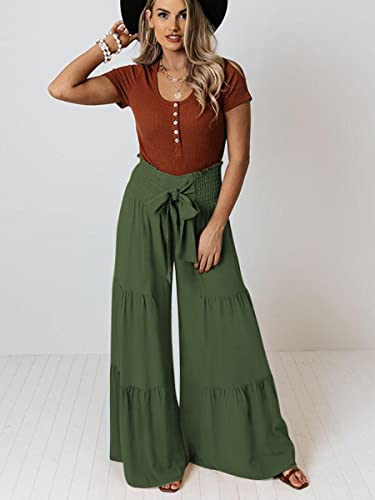 Atoindemiy Women's Boho Elastic High Waisted Ruffle Hem Wide Leg Loose Yoga Palazzo Pants with Belt (XL, SLJH004)