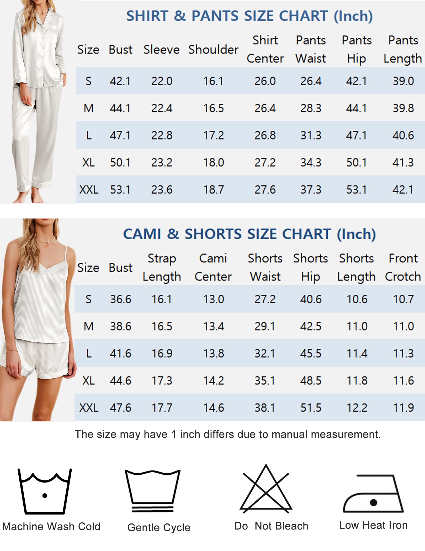 Ekouaer Women's Striped Satin Pajama Set Silk Long Sleeve Button Down Pjs Sleepwear White Striped L