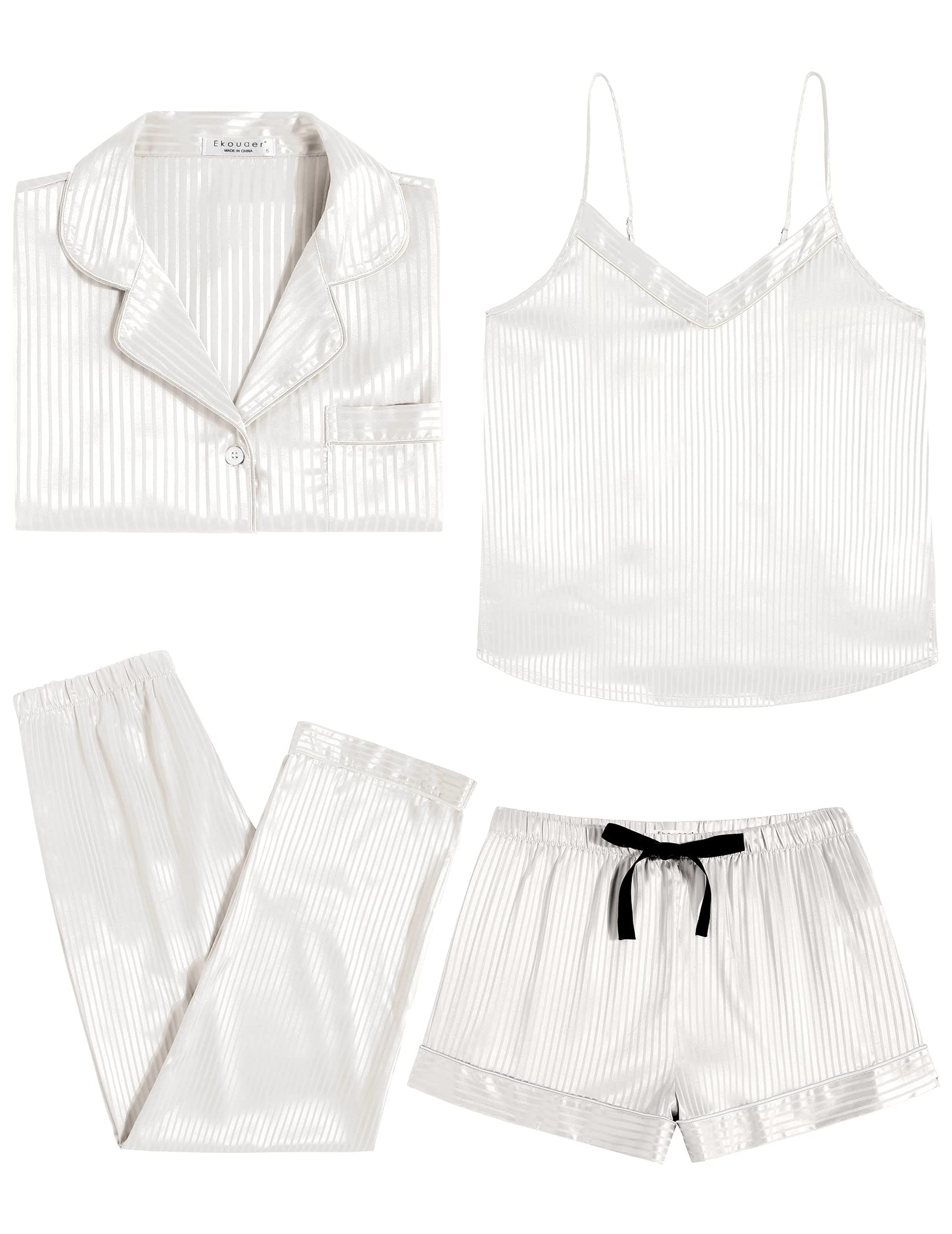 Ekouaer Women's Striped Satin Pajama Set Silk Long Sleeve Button Down Pjs Sleepwear White Striped L
