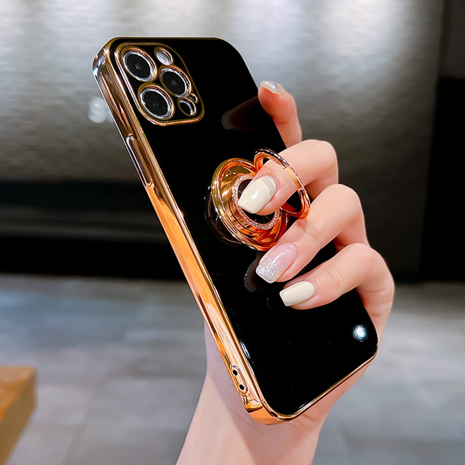 Yepda Case for iPhone 13 Pro Max Ring Holder Case with Diamond Shiny Plating Rose Gold Edge Built-in 360 Rotation Magnetic Kickstand for Women Girls Slim Soft TPU Protective Cover 6.7 Inch, White