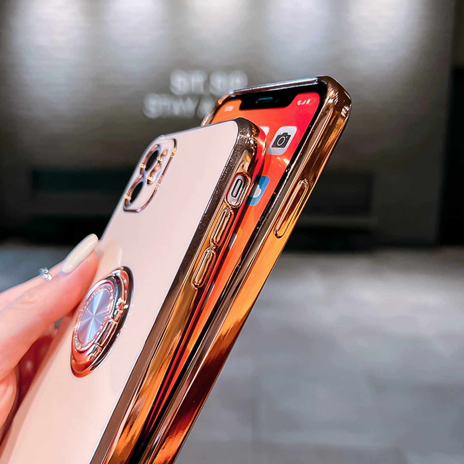 Yepda Case for iPhone 13 Pro Max Ring Holder Case with Diamond Shiny Plating Rose Gold Edge Built-in 360 Rotation Magnetic Kickstand for Women Girls Slim Soft TPU Protective Cover 6.7 Inch, White