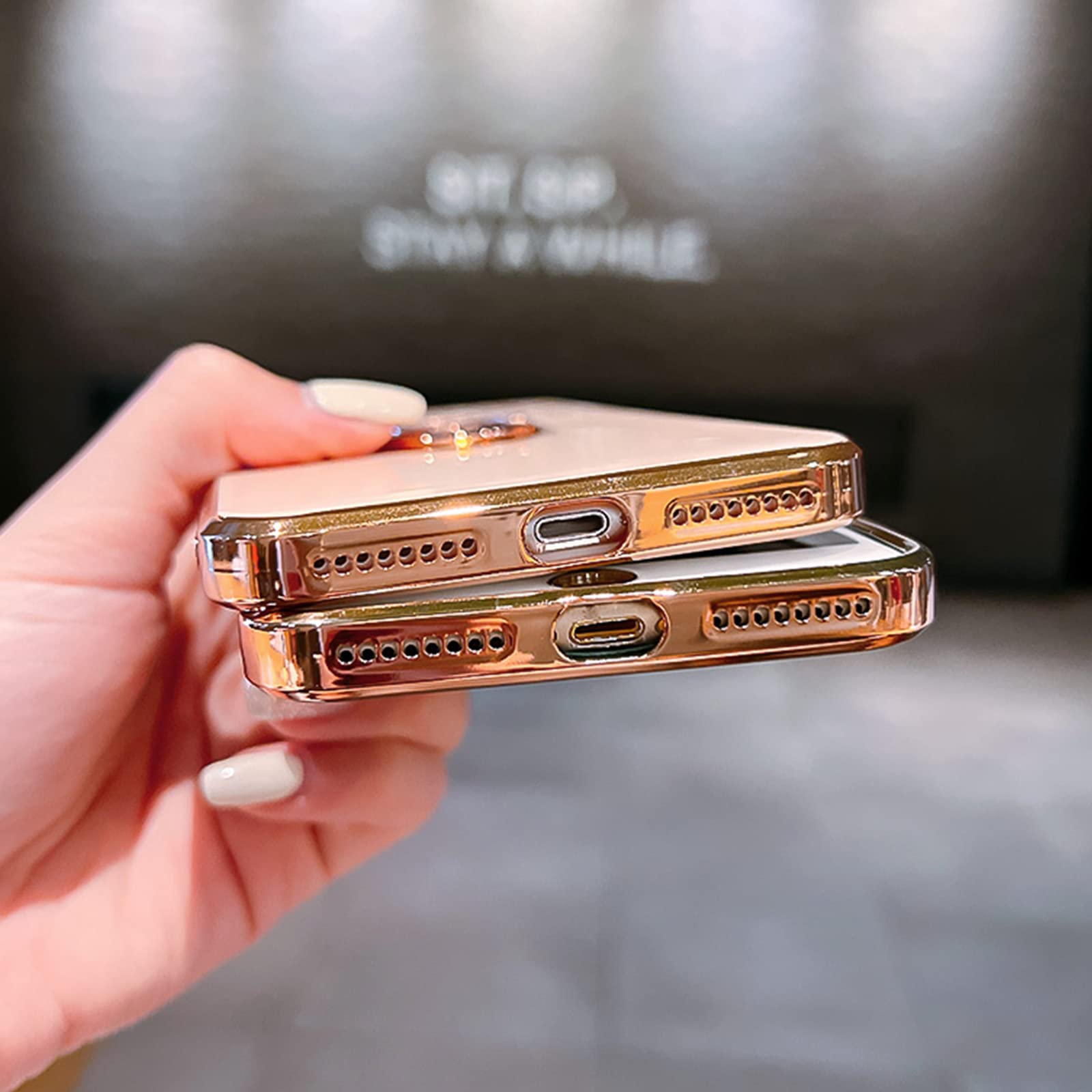 Yepda Case for iPhone 13 Pro Max Ring Holder Case with Diamond Shiny Plating Rose Gold Edge Built-in 360 Rotation Magnetic Kickstand for Women Girls Slim Soft TPU Protective Cover 6.7 Inch, White